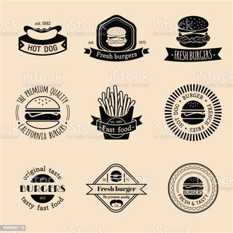 벡터 빈티지 패스트 푸드 레이블이 설정합니다 레트로 먹는 컬렉션에 서명합니다 햄버거 햄버거 핫도그 프랑크 엠 블 럼 햄버거 류에 대한 스톡 벡터 아트 및 기타 이미지