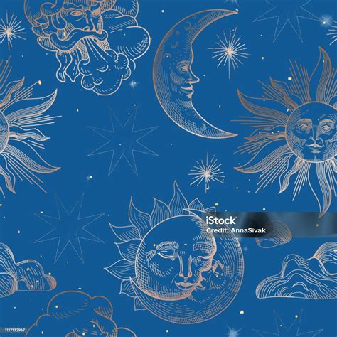 태양 및 달 빈티지 완벽 한 패턴입니다 오리엔탈 스타일 배경 별과 패브릭 벽지 장식 하늘 점성 학 기호 벡터 일러스트 레이 션 0명에 대한 스톡 벡터 아트 및 기타 이미지