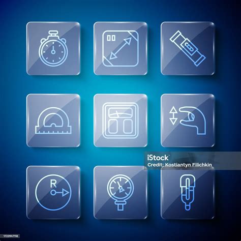 선 반경 압력 수량계 의료용 온도계 건설 거품 수준 욕실 저울 각도기 스톱워치 및 대략적인 측정 아이콘을 설정합니다 벡터 각도기에 대한 스톡 벡터 아트 및 기타 이미지