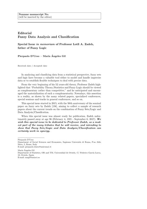 Pdf Fuzzy Data Analysis And Classification Special Issue In Memoriam Of Professor Lotfi A