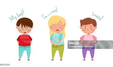 귀여운 어린 소녀와 소년은 미안 세트를 말하고 좋은 매너의 어린이 만화 벡터 일러스트 교육에 대한 스톡 벡터 아트 및 기타 이미지 교육 당황 문화 Istock