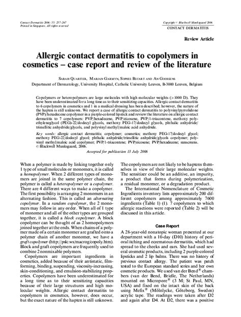 Pdf Allergic Contact Dermatitis To Copolymers In Cosmetics Case Report And Review Of The