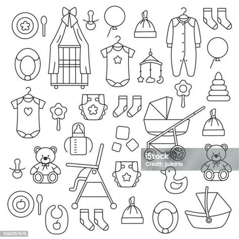 신생아 액세서리 흰색 배경에 설정 얇은 라인 아이콘 베이비 샤워 카드 쇼케이스 배너 플라이어 디자인을위한 어린이 개체 귀여운 유아 용품 윤곽침대 기저귀 유모차 벡터