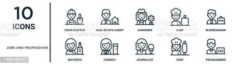 직업 및 직업 개요 아이콘 세트에는 얇은 선 생성자 정원사 사업가 화학자 요리사 프로그래머 보고서 프리젠 테이션 다이어그램 웹