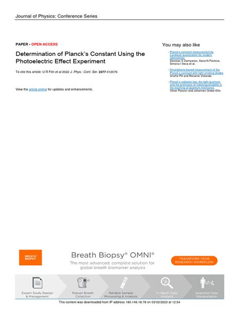 Determination Of Plancks Constant Using The Photo Pdf Photoelectric