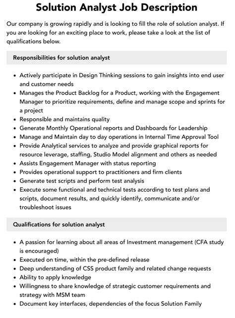 Solution Analyst Job Description Velvet Jobs