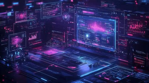 Futuristic Workspace Multiple Ai Interfaces Displaying Data Analytics Visualizations Stock