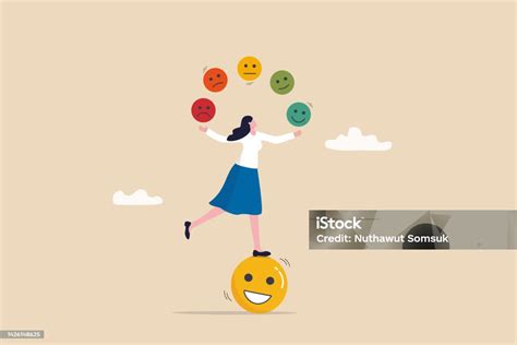 감성 지능 감정 또는 감정 조절 불안과 행복 개념의 성공 또는 균형이 되는 심리학 웃는 얼굴에 쾌활한 여성 균형 저글링 표현 감정적 얼굴 감정 지능에 대한 스톡 벡터 아트