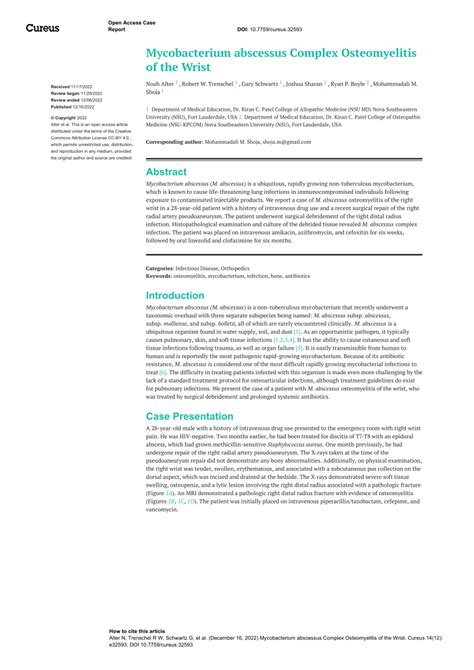 Pdf Mycobacterium Abscessus Complex Osteomyelitis Of The Wrist