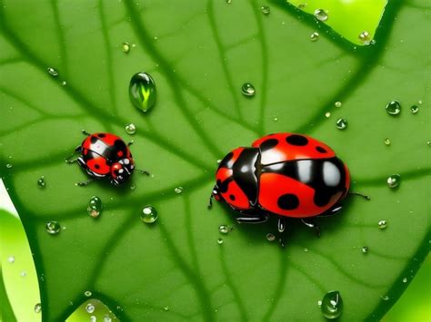 Ladybug On Green Leaf With Water Drops Generative Ai Illustration Premium Ai Generated Image