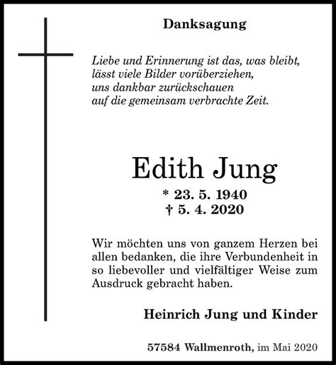 Traueranzeigen Von Edith Jung Rz Trauer De