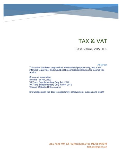 Base Value Tds Vds As Per Tax Act 2023 And Vat Act 2012 Taeb Pdf Value Added Tax Taxes
