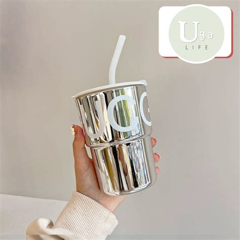 Gucgres Glass Mug With Straw 400ml Portable Glass Cup Water Cup Drink