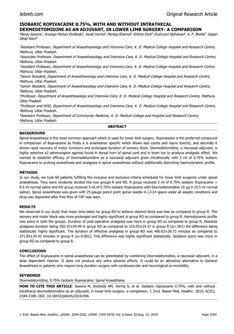 Pdf Isobaric Ropivacaine 075 With And Without Intrathecal Dexmedetomidine As An Adjuvant