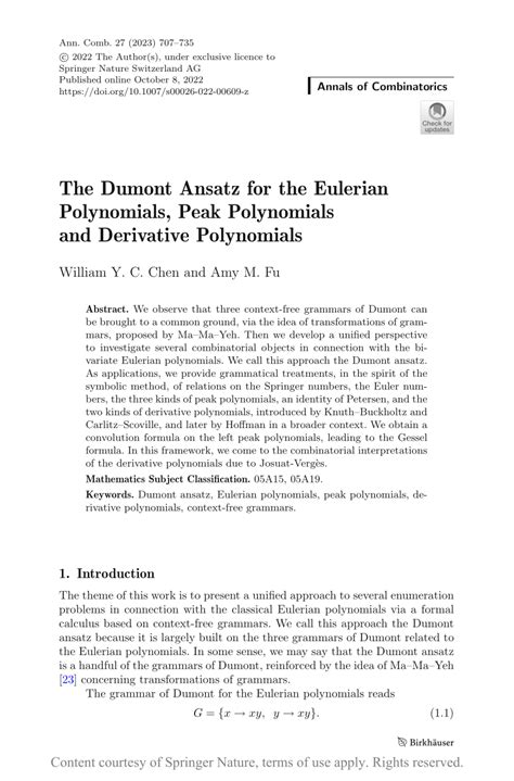 The Dumont Ansatz For The Eulerian Polynomials Peak Polynomials And