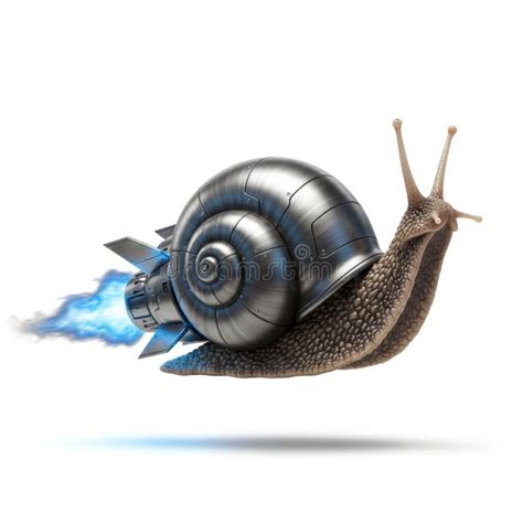 Snail With Metal Rocket Shell Propelled By Blue Flame On White