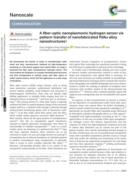Pdf A Fiber Optic Nanoplasmonic Hydrogen Sensor Via Pattern Transfer
