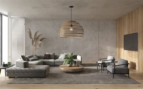 미니멀리즘 모던 인테리어 스칸디나비아 디자인 밝은 스튜디오 거실 아늑한 디자인의 파노라마 창문 대형 모듈 식 소파 대형 목재 램프 Tv 및 녹색 식물 3d 렌더링