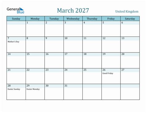 March 2027 Monthly Calendars With United Kingdom Holidays