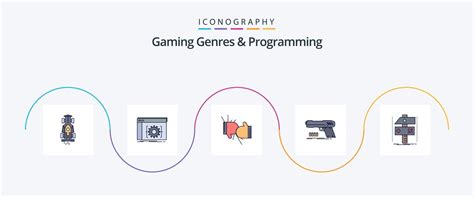 Gaming Genres And Programming Line Filled Flat 5 Icon Pack Including Pistol Gun Developer