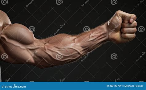 Tense Arm Clenched Into Fist Veins Bodybuilder Muscles On A Dark Background Neural Network Ai