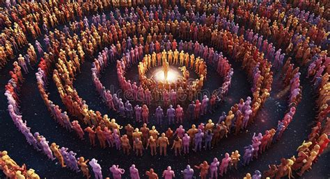 A Large Crowd Of Colorful Human Figures Forms Concentric Circles Around