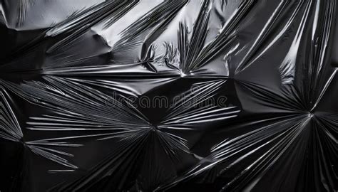 Glossy Black Plastic Sheet Wrinkled Creating Textured Surface With Dynamic Lines And Reflective