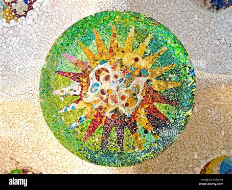 Ceiling With Mosaic Sun Of Park Guell Designed By Antonio Gaudi Stock