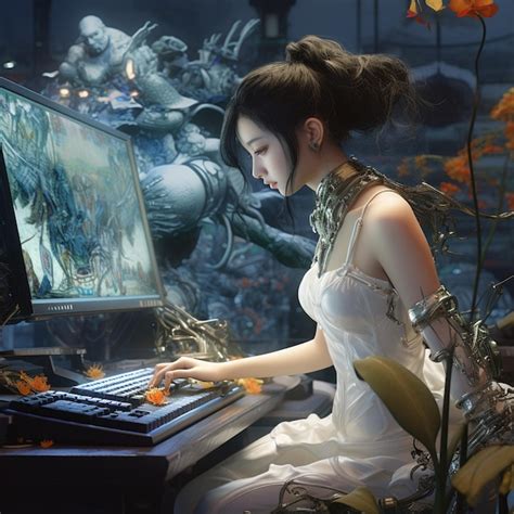 Premium Ai Image A Woman Is Playing A Keyboard With A Dragon On The Back