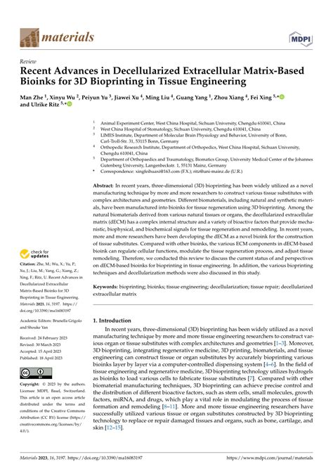 Pdf Recent Advances In Decellularized Extracellular Matrix Based Bioinks For 3d Bioprinting In