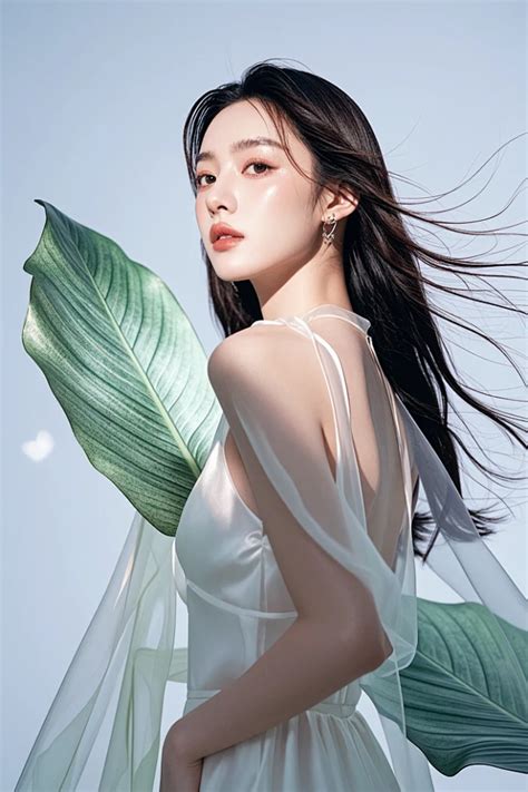 拍摄，美丽的全身模特，朦胧感，站在高大“透明”的玻璃树叶间，高级感，面部细节完美，人物细节精致，浅色飘逸的服装，半身肖像，大光圈，细腻的光泽