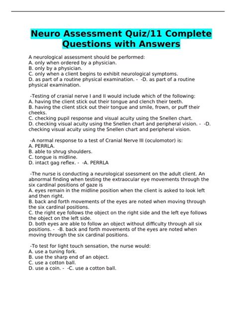Neuro Assessment Quiz11 Complete Questions With Answers Neuro