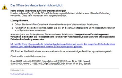 Fehler 21024 Keine Sichere Verbindung Zur Sfirm Datenbank Möglich Sfirm Hilfe Center