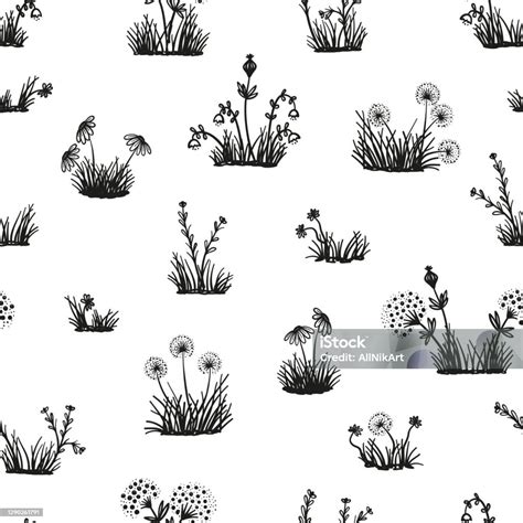 초원 꽃과 잔디의 실루엣 플로럴 원활한 패턴 손으로 그린 낙서 야생 꽃 야생화 벡터 배경 잔디에 대한 스톡 벡터 아트 및 기타 이미지 Istock
