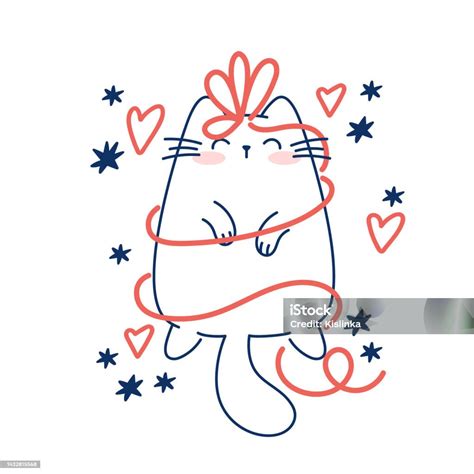 크리스마스와 겨울 벡터 일러스트 레이 션 캐릭터 컬렉션을위한 휴일 리본에 얽힌 고양이가 크리스마스와 새해를위한 재미있는 고양이를