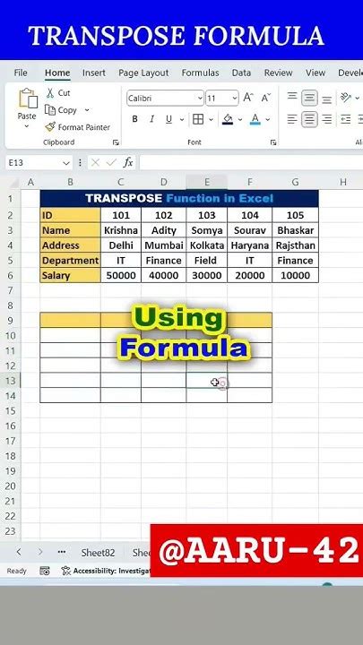 Transpose Formula In Excel Excel Exceltips Ytshorts Ytshort