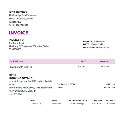 Printable Band Invoice Template