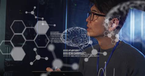 Animation Of Elements Brains And Data Processing Over Asian Male Technician Working In Server