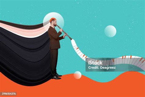 스케치 이미지 합성 트렌드 삽화 3d 사진 콜라주 젊은이 음악가 사람 신사 입고 있다 양복 놀이 플루트 피아노 음악 공중에서