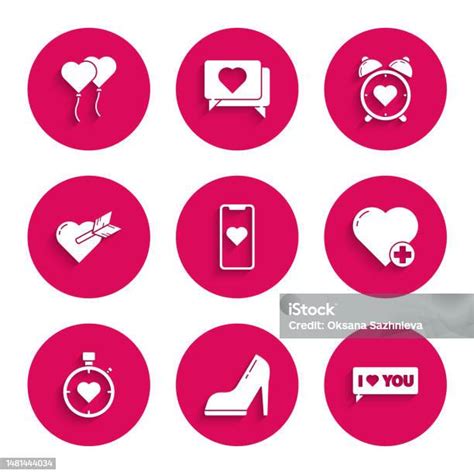 심장 여자 신발 하이힐 연설 거품 사랑해 심장 중앙 스톱워치 Amour와 화살표 알람 시계 및 풍선 형태의 아이콘으로 휴대 전화를 설정합니다 벡터 그림자에 대한 스톡 벡터