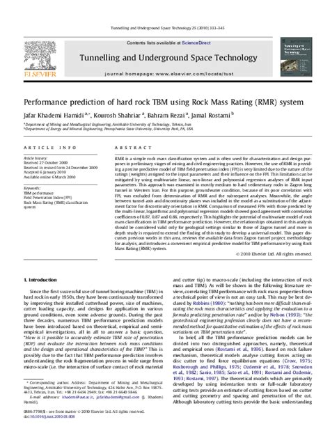 Pdf Performance Prediction Of Hard Rock Tbm Using Rock Mass Rating