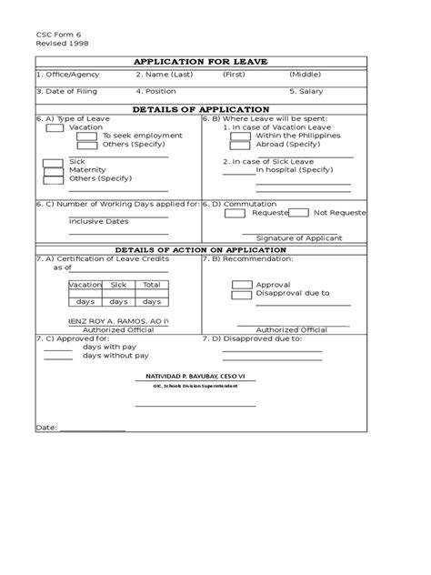 Csc Form 6 Leave Form New Pdf