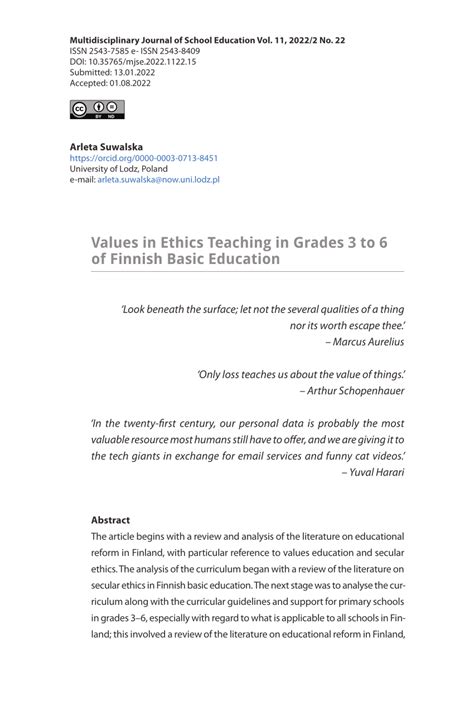 Pdf Values In Ethics Teaching In Grades 3 To 6 Of Finnish Basic Education