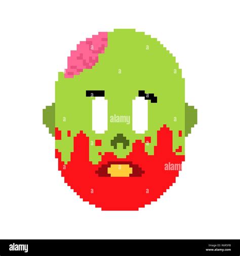 Zombie Head Pixel Art Face Of Green Dead And Brains Inside Skull 8bit