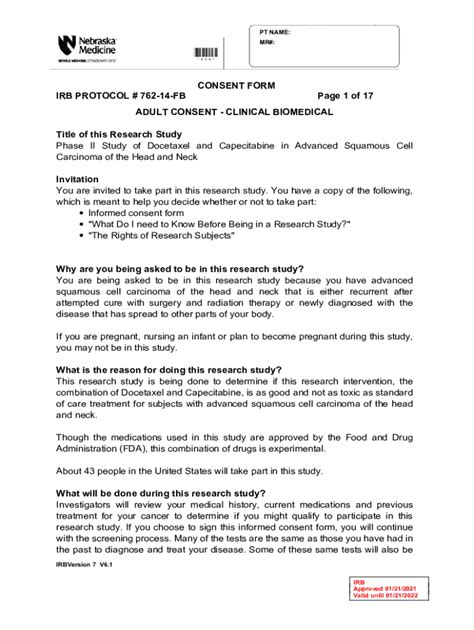 Fillable Online CONSENT FORM IRB PROTOCOL 762 14 FB Page 1 Of 17 Fax Email Print PdfFiller