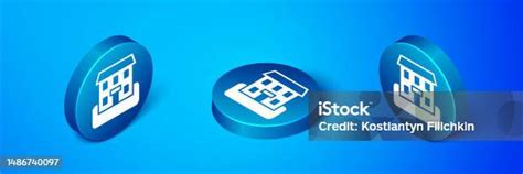 파란색 배경에 격리 된 등색 학교 건물 아이콘 파란색 원 버튼입니다 벡터 3차원 형태에 대한 스톡 벡터 아트 및 기타 이미지