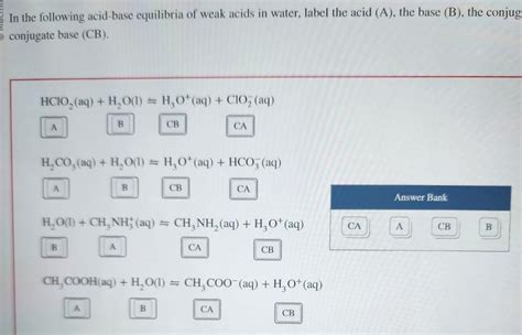 solved in the following acid base equilibria of weak acids