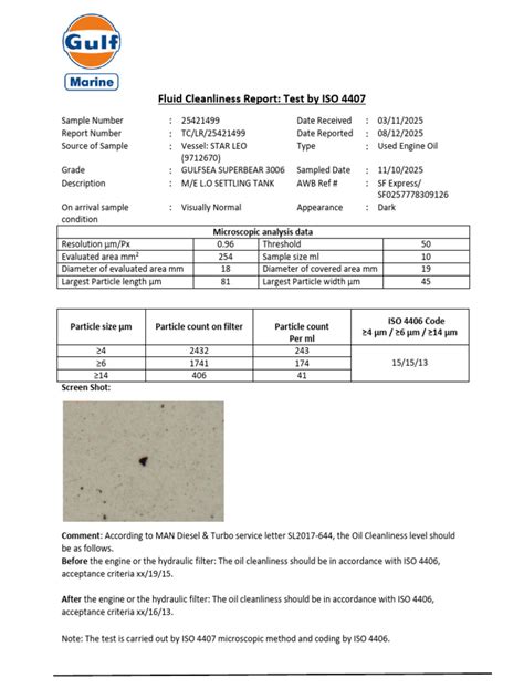 Fluid Cleanliness Test Report Iso 4407 Pdf