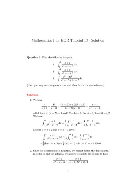 Tutorial 13 Solution Tut 13 Mathematics I For Eor Tutorial 13