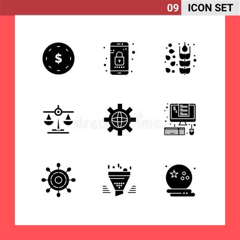 Set Of 9 Vector Solid Glyphs On Grid For Setting World Autumn Scale Justice Stock Vector